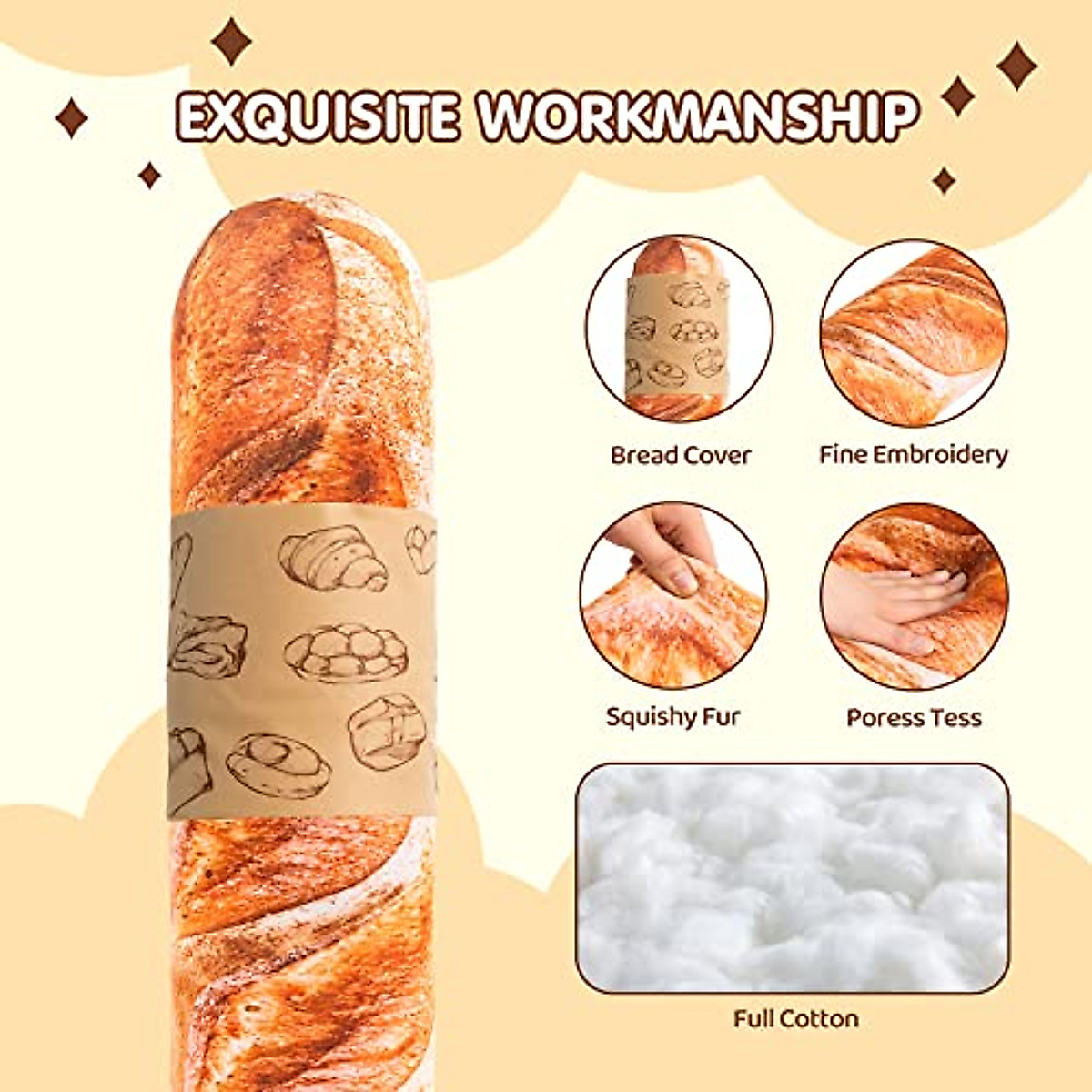 Mewaii 3D Simulation Bread Plush Pillow, Soft Butter Toast Bread Kids Body Pillow Lumbar Baguette Back Cushion, Bread Food Shape Pillow Stuffed Toys Gift for Girls Boys (36 Inches)