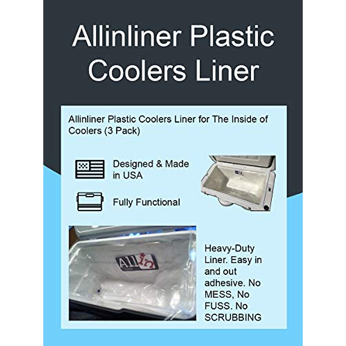 Plastic Cooler Liner – Disposable Cooler Liner – Grizzly Plastic Cooler Liner 3 Pack – BPA Free Cooler Insert Liner for Fishing, Camping, BBQ – 60 Qt. Ice Chest Liner by Allinliner