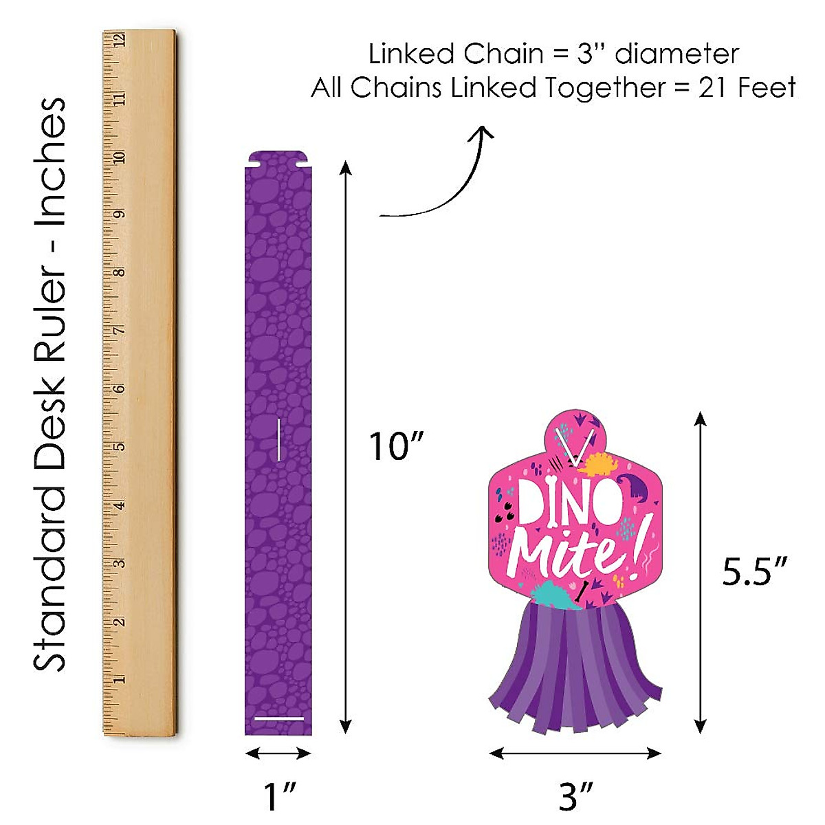 Big Dot of Happiness Roar Dinosaur Girl - 90 Chain Links and 30 Paper Tassels Decoration Kit - Dino Mite Trex Baby Shower or Birthday Party Paper Chains Garland - 21 feet