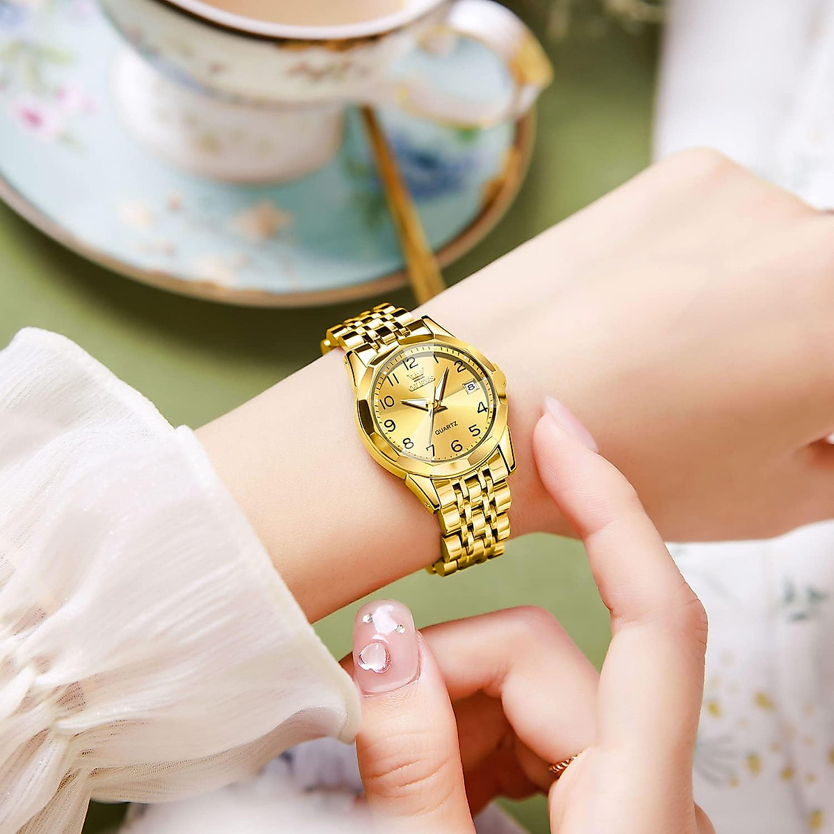 OLEVS Gold Womens Watch Fashion Dress Diamond Female Watches for Ladies Analog Quartz Stainless Steel Waterproof Luminous Day Date Two Tone Wristwatch