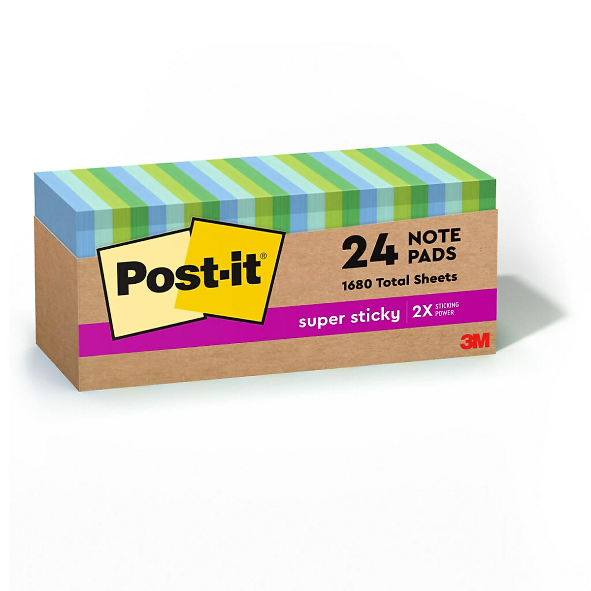 Post-it Super Sticky Recycled Notes, 3x3 in, 24 Pads, 2x the Sticking Power, Poptimistic, Bright Colors, 30% Recycled Paper (654-24SST-CP)