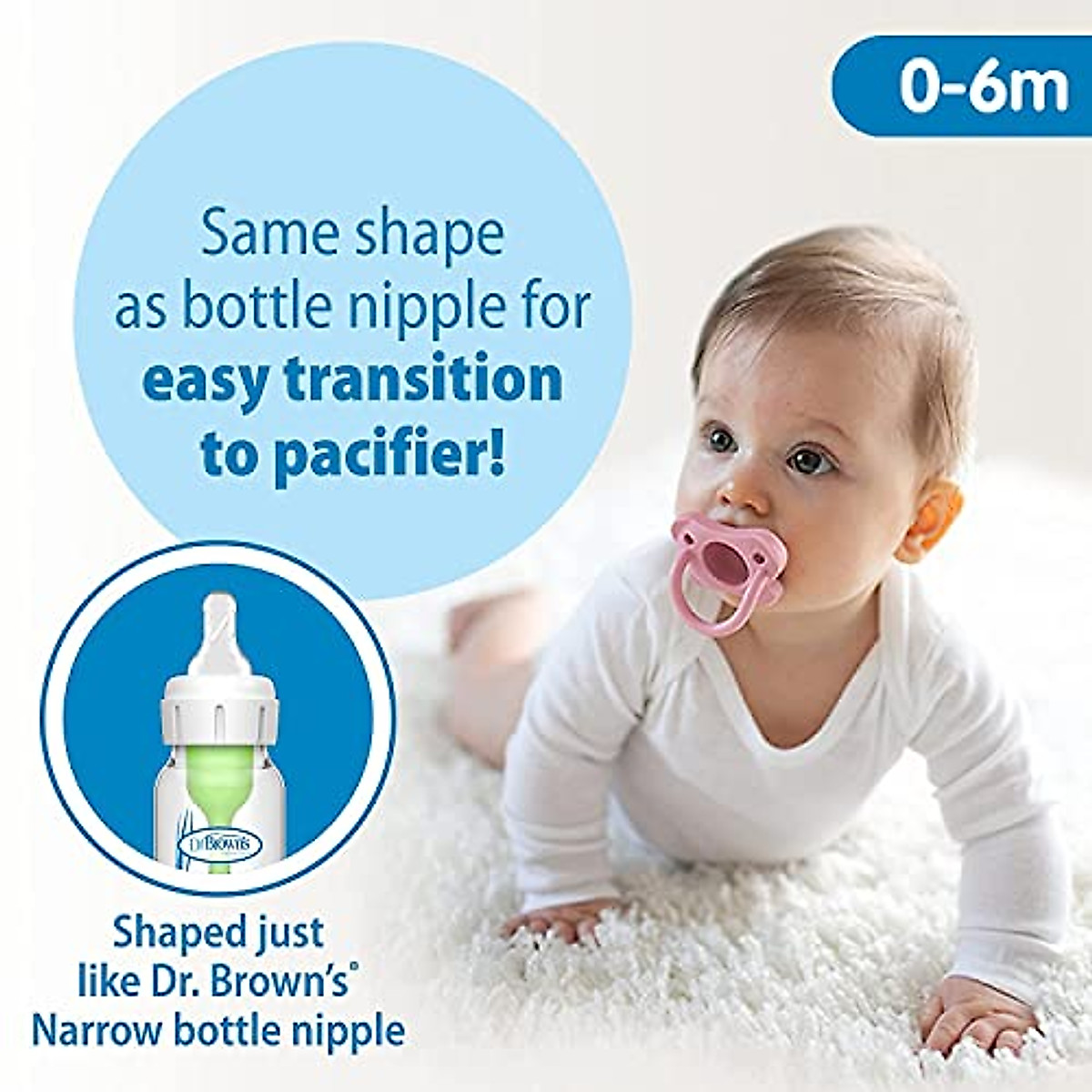 Dr. Brown’s Anti-Colic Options+ Baby Bottles, Narrow, Pink Floral Designs, 8oz, 4 Pack and HappyPaci 100% Silicone Pacifier 0-6m, BPA Free, White, Pink, Light Pink 3-Pack