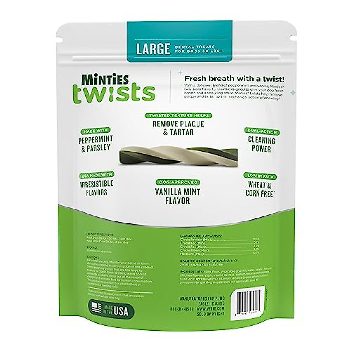 Minties Dental Twists for Dogs, Vet-Recommended Vanilla-Flavored Dental Chews for Medium/Large Dogs over 40 lbs, Dental Treats Clean Teeth, Fight Bad Breath, and Removes Plaque and Tartar, 24 oz