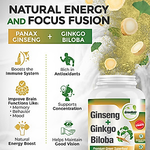 GreeNatr Ginko Biloba & Panax Ginseng Supplement - Red Ginseng Brain Supplement for Memory and Focus - Ginkgo Biloba Supplements for Good Vision, Immune System and Improved Blood Flow - 3 Bottles