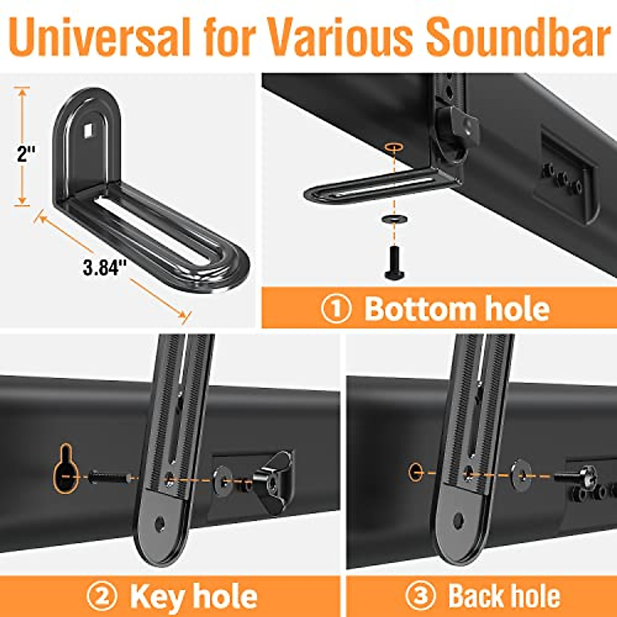 ELIVED Soundbar Mount Bracket Mounting Above or Under TV Tool-Free Knob Adjustable with Detachable Extension Arms, Universal TV Mounting Hardware Kit Includes M4 M5 M6 M8 Screws