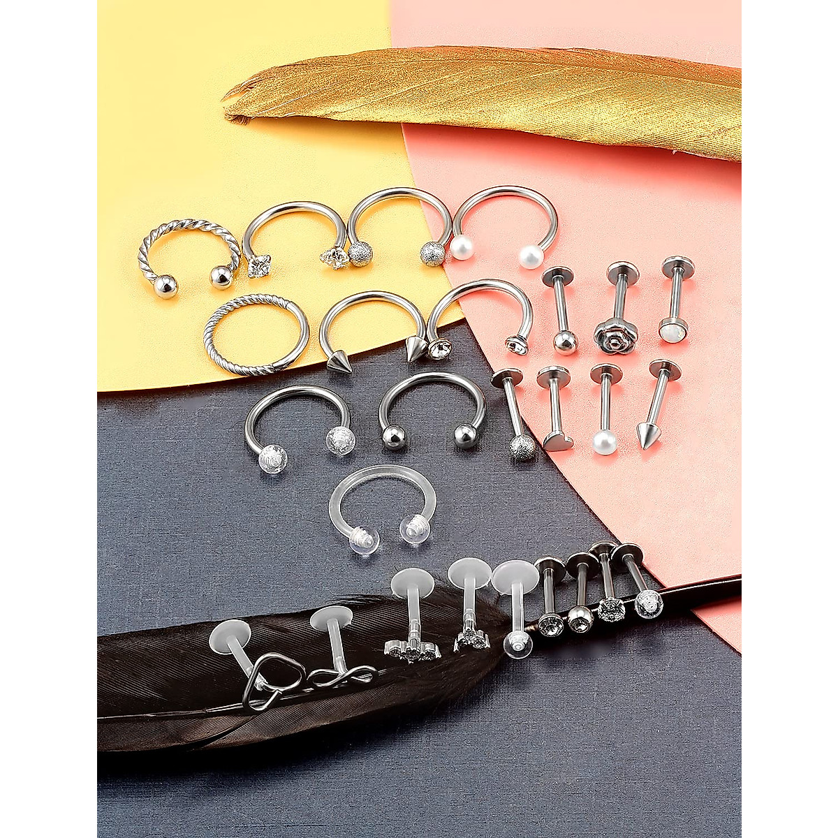 Vsnnsns 16G Lip Rings Stainless Steel Opal Horseshoe Labret Monroe Lip Rings Nail Cartilage Tragus Helix Earrings Studs Septum Ring Medusa Piercing Jewelry Retainer For Women Men Silver 8mm 26PCS