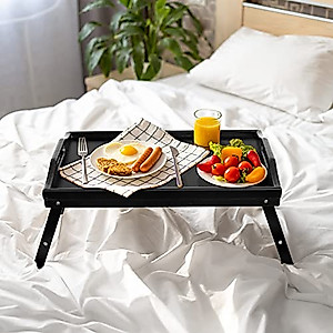 Mayyol Breakfast Bed Tray for Eating - Height Adjustable Raised Food Table - Bamboo Serving Tray on Lap Sofa - Portable Snack Platter with Folding Legs Ideal for Bedroom, Picnic - Black