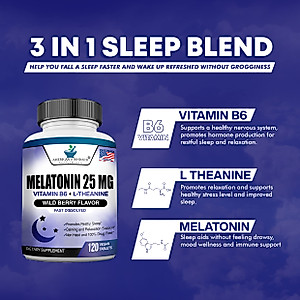 Melatonin 25mg Per One Tablet, 120 Chewable Tablet with L-Theanine & Vitamin B-6, Supports Healthy Sleep Cycle , Promotes Calming & Restful Sleep, Vegan, NON GMO, Made In USA