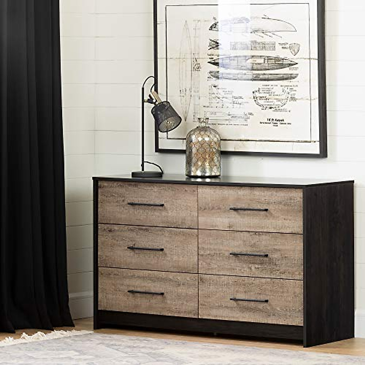 South Shore Londen 6-Drawer Double Dresser, Weathered Oak and Ebony