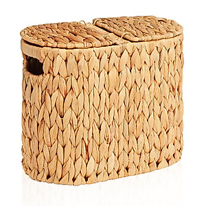 FairyHaus Wicker Toilet Paper Storage Basket with Lid & Handles, 4 Rolls Handwoven Toilet Paper Holder with Storage, Natural Water Hyacinth Toilet Paper Holder Stand Basket for Bathroom