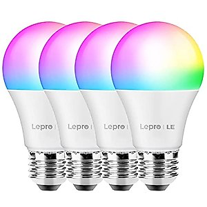 Smart WiFi Light Bulbs, LED Color Changing Lights, Works with Alexa & Google Assistant, RGBW 2700K-6500K, 60 Watt Equivalent, Dimmable with App, A19 E26, No Hub Required, 2.4GHz WiFi Only, Pack of 4