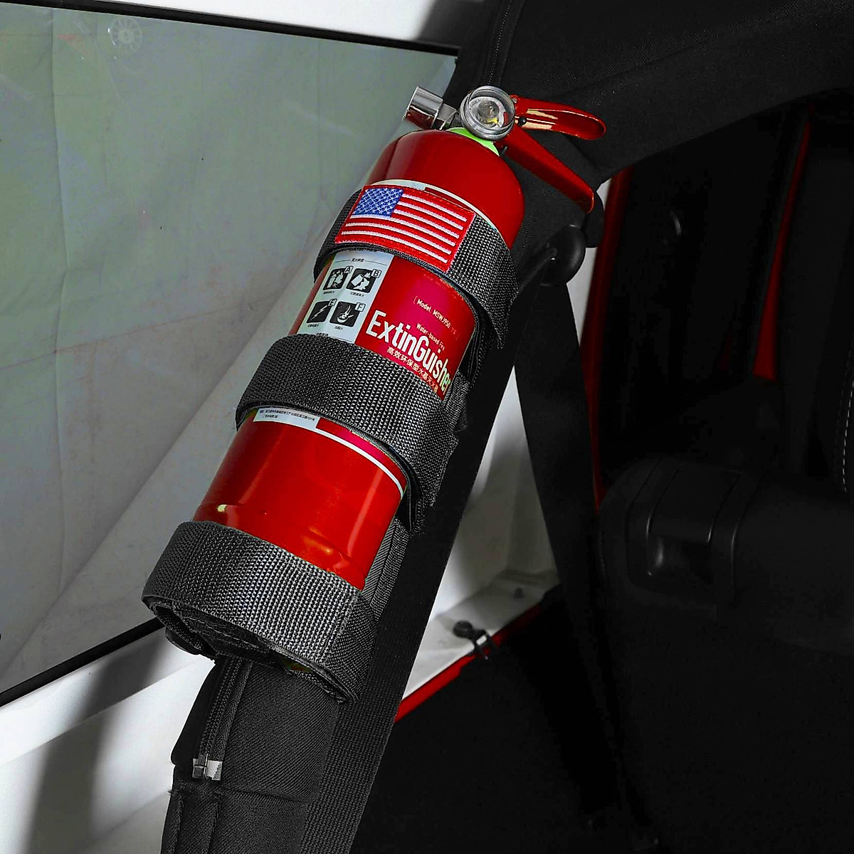 Adjustable Roll Bar Fire Extinguisher Mount Holder 3 lb for Jeep Wrangler Unlimited CJ YJ LJ TJ JK JKU JL JLU 4XE,Black with USA Flag Pattern