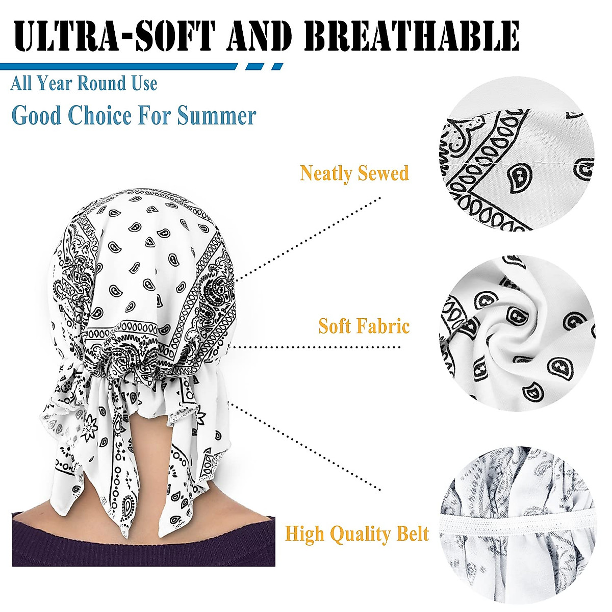 ELLEWIN Headwear 3 Pack Soft Head Scarf Wrap Slouchy Beanie Skull Cover Hat Cap Pre Tied Bandana Hair Loss for Women Girls