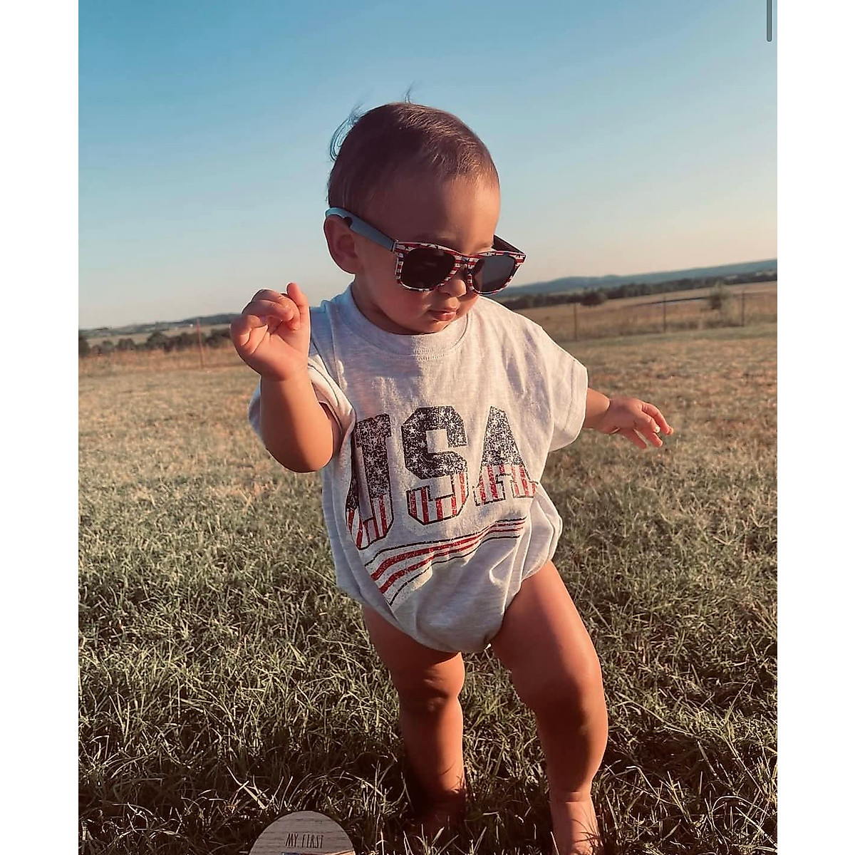 Twopumpkin Toddler Baby 4th of July Outfit Boy Girl Oversized Romper/Shirts+Shorts Retro American Flag Matching Clothes (A USA Romper Gray,12-18 Months)