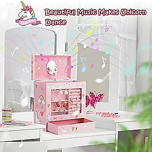 efubaby Jewelry Box for Girls Perspective Window Musical Jewelry Box for Girls with 3 Drawers & Unicorn Jewelry Set Birthday Gifts for Little Girls Kids Jewelry Storage Organizer Christmas Gifts Pink
