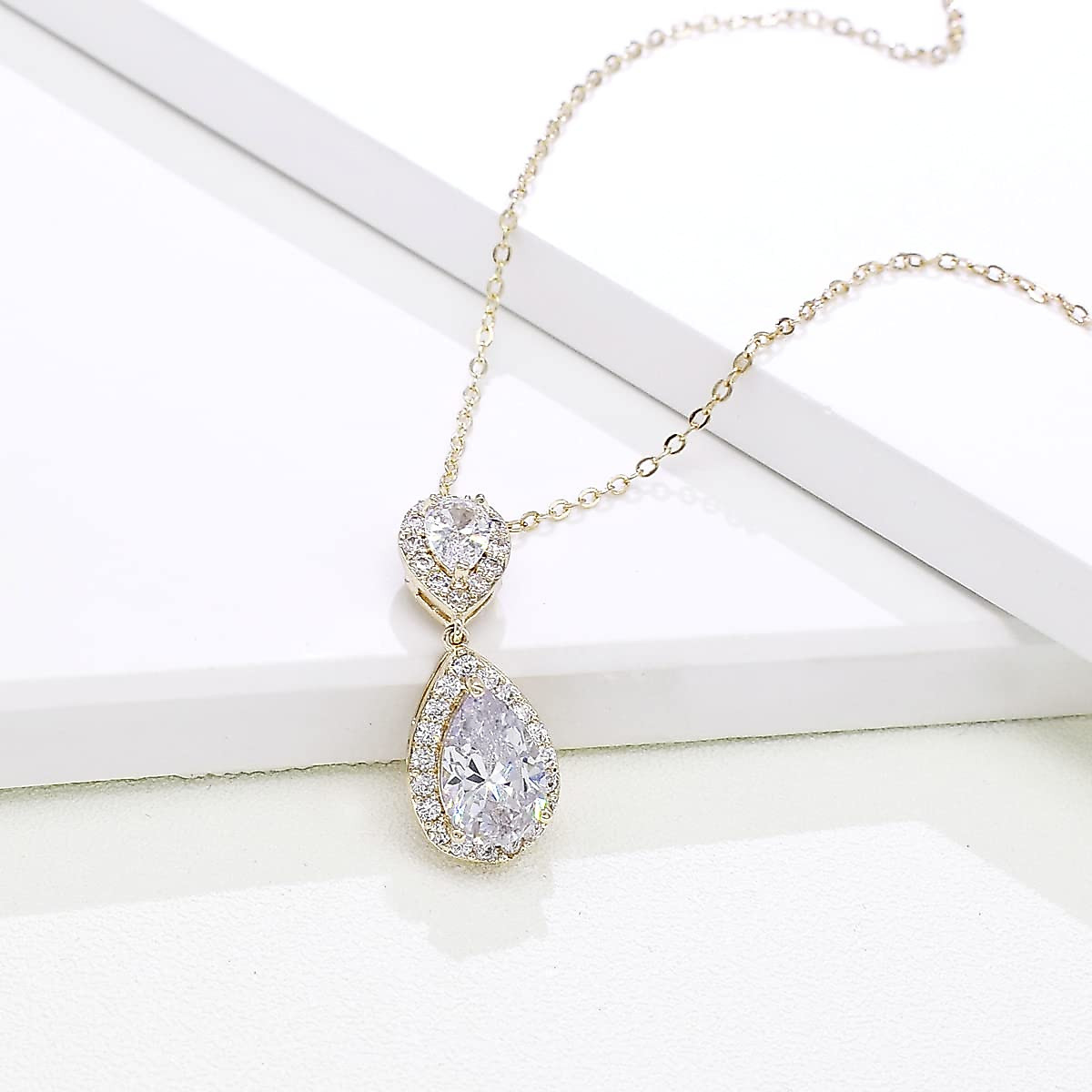 UDORA Teardrop Cubic Zirconia Drop Earrings Necklace Bridal Jewelry Sets Wedding Prom Gifts for Bridesmaid (18K Gold)