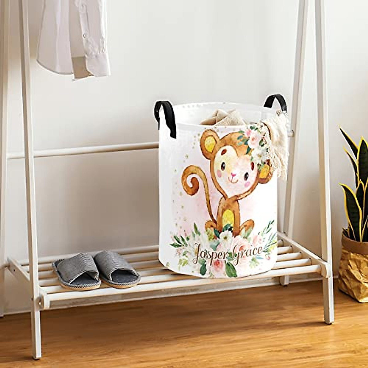 Cute Monkey Pink Floral Personalized Laundry Basket Clothes Hamper with Handles Waterproof,Custom Collapsible Laundry Storage Baskets for Bedroom,Bathroom Decorative Large Capacity