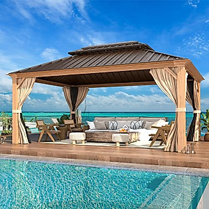 Erinnyees 12' x 16' Aluminum Wood Grain Hardtop Gazebo, Outdoor Aluminum Double Roof with Privacy Curtain and Mosquito Net for Patio, Lawn, Garden, Backyard(Wood Looking)