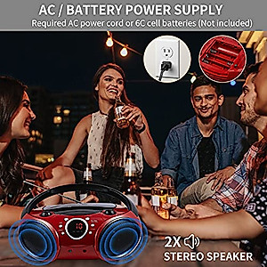 SINGING WOOD 030B Portable CD Player Boombox with Bluetooth for Home AM FM Stereo Radio, Aux Line in, Headphone Jack, Supported AC or Battery Powered (Firemist Red)