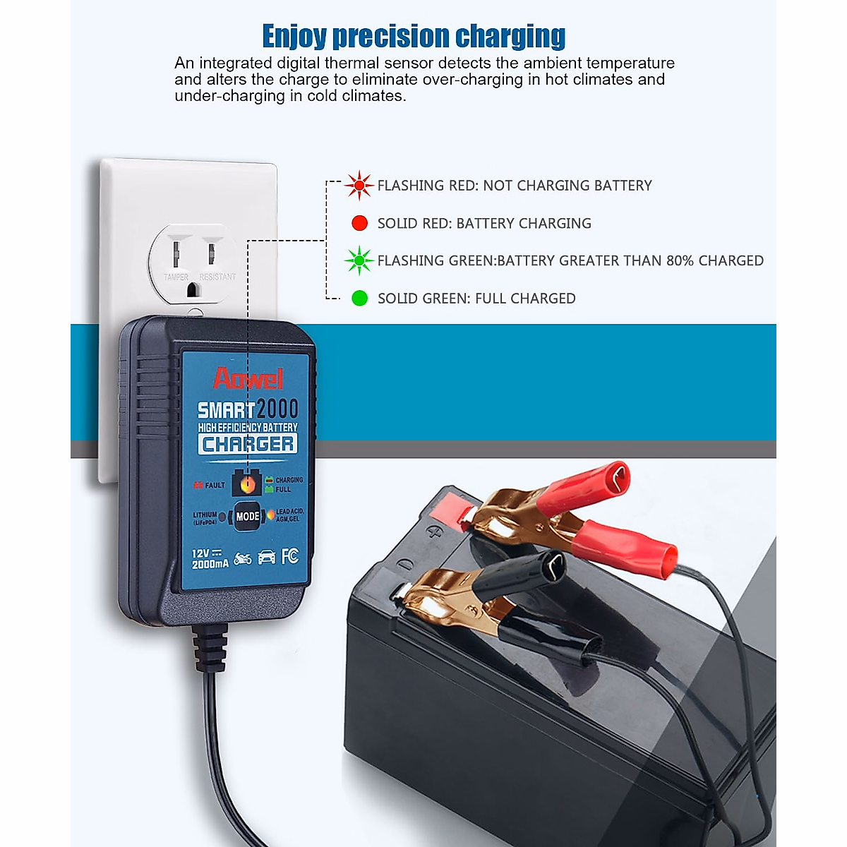 Aowel 12V, 2-Amp Fully Automatic Battery Charger & Maintainer for Car, Lawn Mower, ATV, Motorcycle, Boat, Marine Lithium(LifePO4) and AGM, Deep Cycle Lead-Acid Batteries