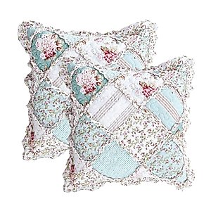 DaDa Bedding Set of 2 Blooming Floral Throw Pillow Covers - Patchwork Hint of Mint Cotton Garden Country Cottage - Ruffles Muted Pastel Light Seafoam Blue/Green - 18" x 18"