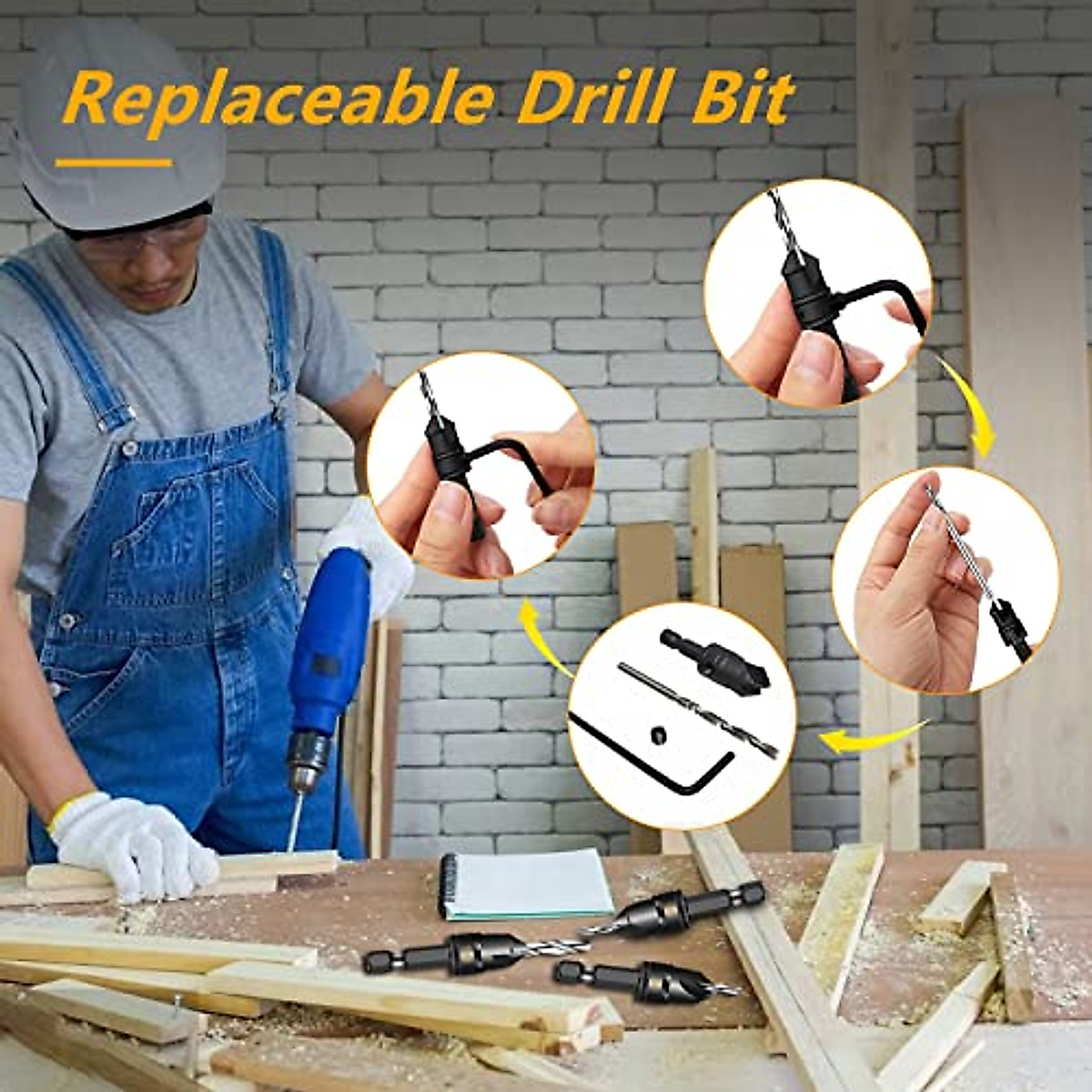 11 Pcs 82° Countersink Drill Bit Set #5, 6, 8, 10, 12 with 5 Replacement Dril bits and 1 Wrench, 3/8" Quick-Change -Chamfered Adjustable Drilling Tool Kit on Pilot Counter Sink Holes for Woodworking