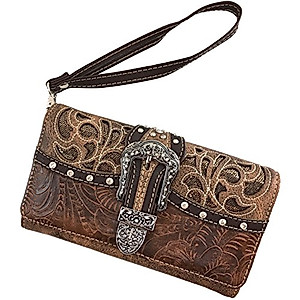 Justin West Gleaming Laser Cut Rhinestone Buckle Studded Concealed Carry Handbag Purse (Coffee Purse Wallet Set)