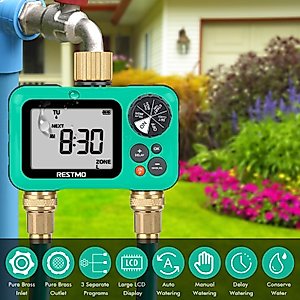RESTMO Sprinkler Timer with Brass Inlet & Outlet, 2 Zone Programmable Water Timer for Garden Hose, 3 Separate Programs Hose Timer, Manual/Rain Delay/Automatic Watering for Drip Irrigation and Lawn