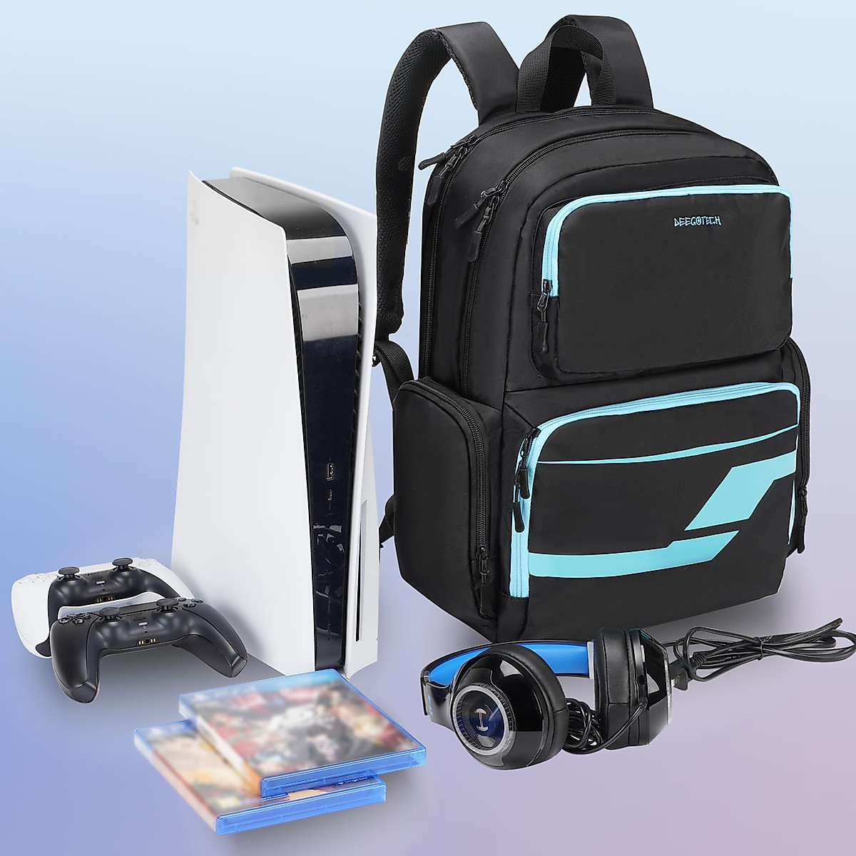 Deegotech Gaming Backpack Fit for PS5, Protective Travel Carrying Case Bag Compatible with Playstation 5 Console Game Storage Bag with Multiple Pockets Fit for PS5 Disc/Game Cards/Laptop