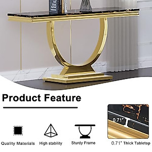 47 Inch Marble Console Table w/Gold U-Shaped Stainless Steel Base Mid-Century Modern Entryway Table for Living Room Hallway Luxury Foyer Table Sofa Table witn High Glossy Finish (Black&Gold)