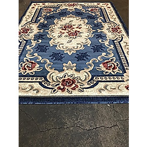 Traditional Aubusson Persian Area Rug Light Blue with Red Design 507 (5 Feet 3 Inch X 7 Feet 2 Inch)