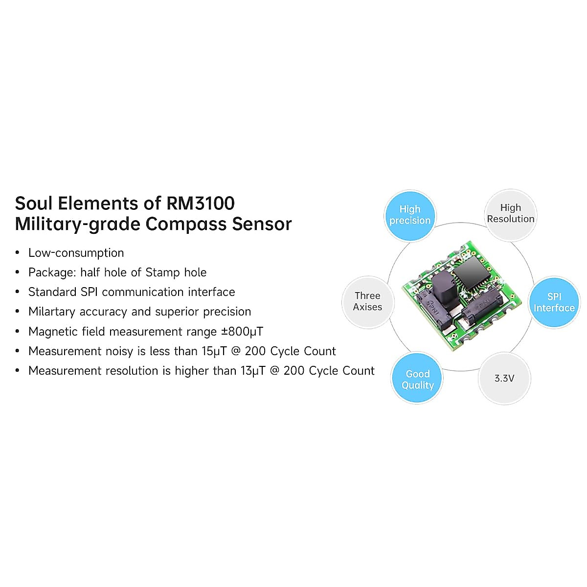 [Industrial-Grade Magnetometer Compensation Chip] RM3100 High-Accuracy Magnetometer Geomagnetism, Magnet Field Sensor, SPI Interface, High-Revolution Electronic Compass Module for Arduino
