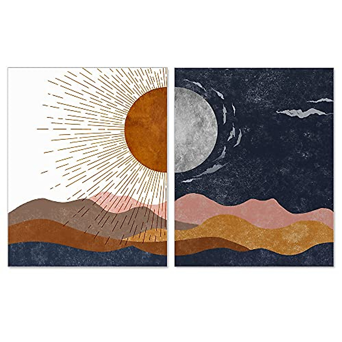 Sun and Moon, Boho Art, Decorative Wall Art, Desert Prints, Modern Abstract Art, Sunshine Decor, Bedroom Wall Art, Above Bed, Set of 2 Prints UNFRAMED (Large)