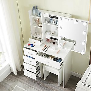 Lucaseone Vanity Desk with Lights Mirror, Vanity Table Makeup Vanity with Slidable Mirror,Drawers & Stool,for Bedroom, White (7507USB)