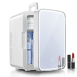 FOHERE Skincare Mini Fridge for Bedroom 10 Liter/11 Can, Portable Mini Fridge for Food, Beverage, Cosmetics, Snacks, Cooler and Warmer Function, AC/DC Small Refrigerator with Mirror, White