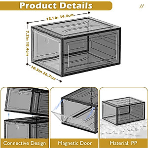 Large Clear Shoe Boxes Organizer【Thicker Material】Stronger Shoe Box with Magnetic Door, Stackable Shoe Storage Box for Closet, Foldable Space-Saving Storage Bins, Transparent and Black 【9-Pack】