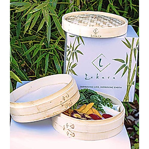 LUKARA Bamboo Steamer Basket – Dumpling Steamer Bamboo with Accessories – Bamboo Steamer 10 Inch with Silicone Steamer Liners, Cookbook, Chopsticks, Sauce Ramekins – Eco-Friendly Gift Set
