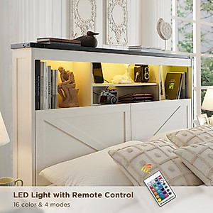 ACCOHOHO King Size Wood Bed Frame Farmhouse with 52" Tall Storage Bookcase Headboard, LED Light,Charging Station,4 Drawers and Solid Wood Slats Support,Noiseless,No Box Spring Needed- Luxury White