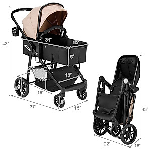 BABY JOY Baby Stroller, 2 in 1 Convertible Carriage Bassinet to Stroller, Pushchair with Foot Cover, Cup Holder, Large Storage Space, Wheels Suspension, 5-Point Harness (Light Coffee)