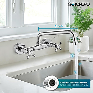 gotonovo Victorian Wall Mount Kitchen Faucet 8 Inch Center Commercial Faucet with 9 Inch Swivel Spout Two Handle Double Cross Chrome Silver