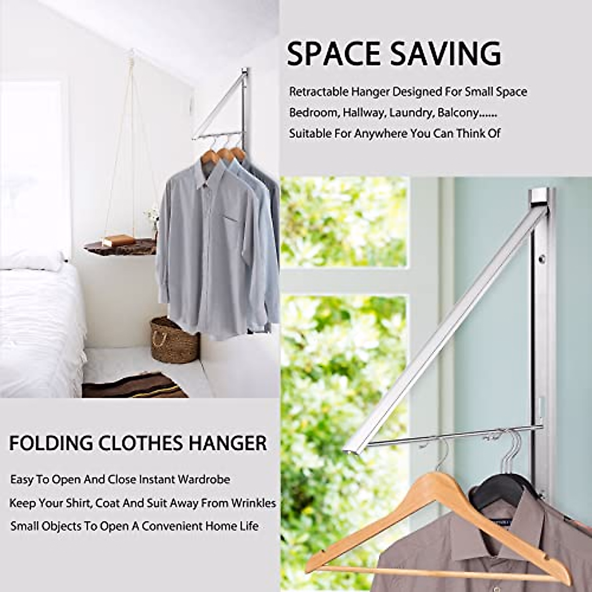 kuaguan Laundry Racks for Drying Clothes Drying Rack,Folding Drying Rack, Wall Mounted Clothes Hanger Rack Drying Rack Clothing Folding Indoor and Outdoor (Silver)