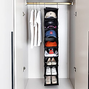 Berdeng Hanging Shoe Organizer for Closet with Side Mesh Pockets，Hat Racks for Baseball Caps，Shoe and Hat Holder & Storage，8-Shelf，Black，1 pack