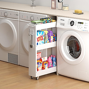 XYZLVSI Slim Storage Cart, 5 in Width, 3-Tier White Rolling Cart with Handle for Kitchen Bathroom Laundry Narrow Places