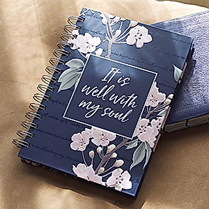 Inspirational Spiral Journal Notebook for Women It is Well Navy Blue Floral Wire Bound w/192 Ruled Pages, Large Hardcover, With Love