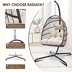 RADIATA Foldable Wicker Rattan Hanging Egg Chair with Stand, Swing Chair with Cushion and Pillow, Lounging Chair for Indoor Outdoor Bedroom Patio Garden (Brown)