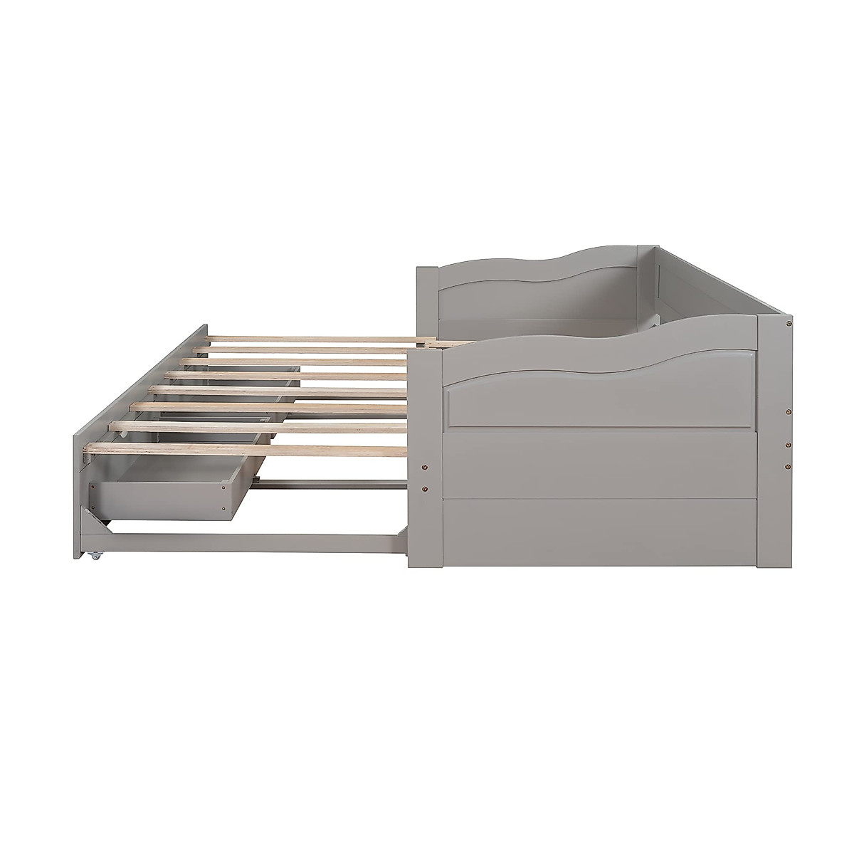 Polibi Extendable Daybed, Wooden Daybed with Trundle Bed and Two Drawers, Convertible Sofa Bed with 2 Storage Drawers, Can be Expanded from Twin Size to King Size (Grey)