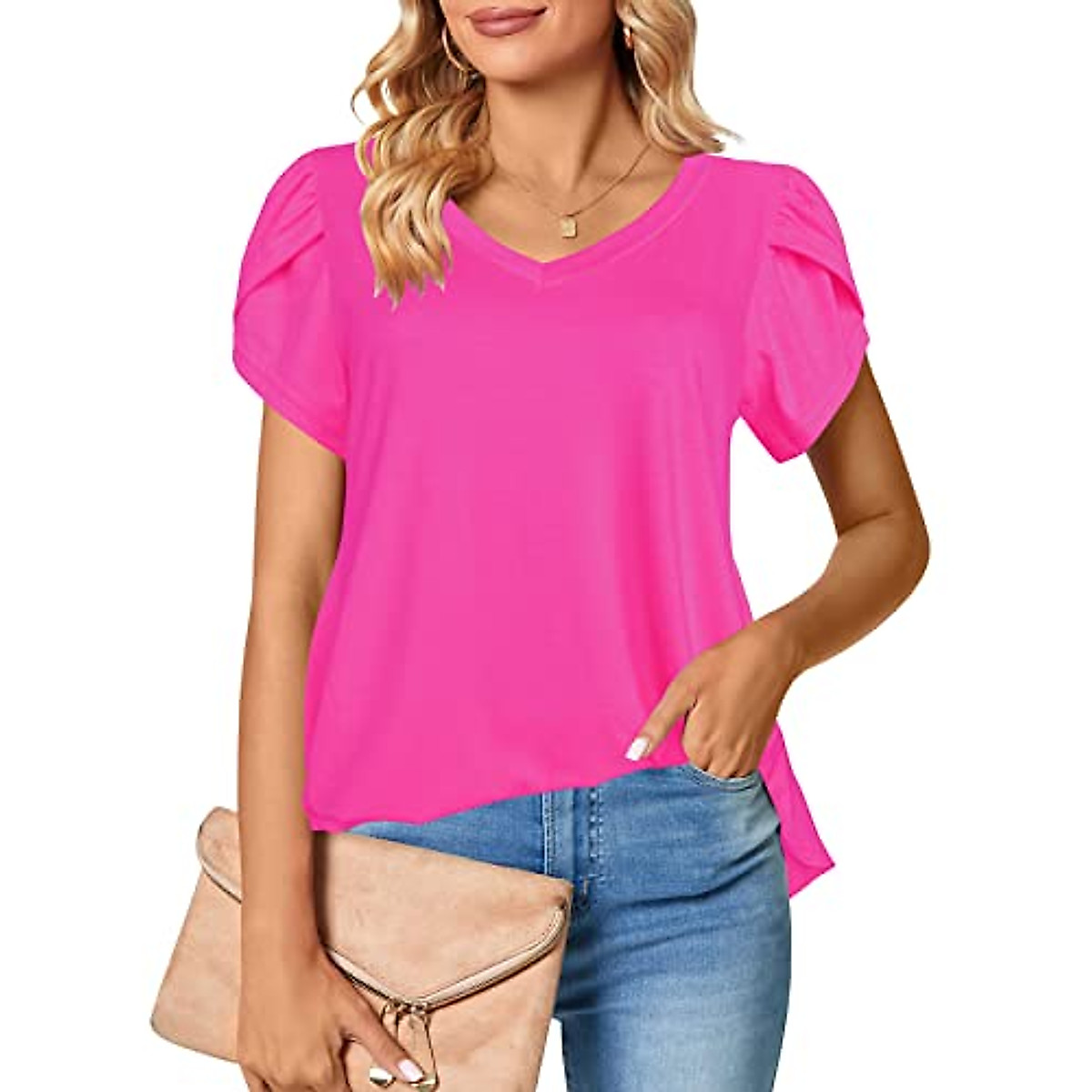 Afibi Womens Summer V Neck Loose Dressy Shirts Petal Short Sleeve Tunic Tops (XXX-Large, Coral)