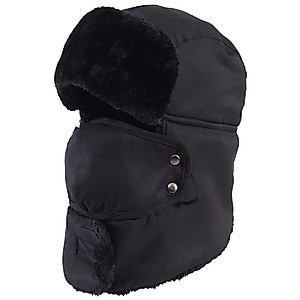 Tough Headwear Winter Trapper Hat with Mask - Russian Ushanka Trooper Aviator Hats for Men & Women -Snow Eskimo Hat with Ear Flaps for Cold - Full Black
