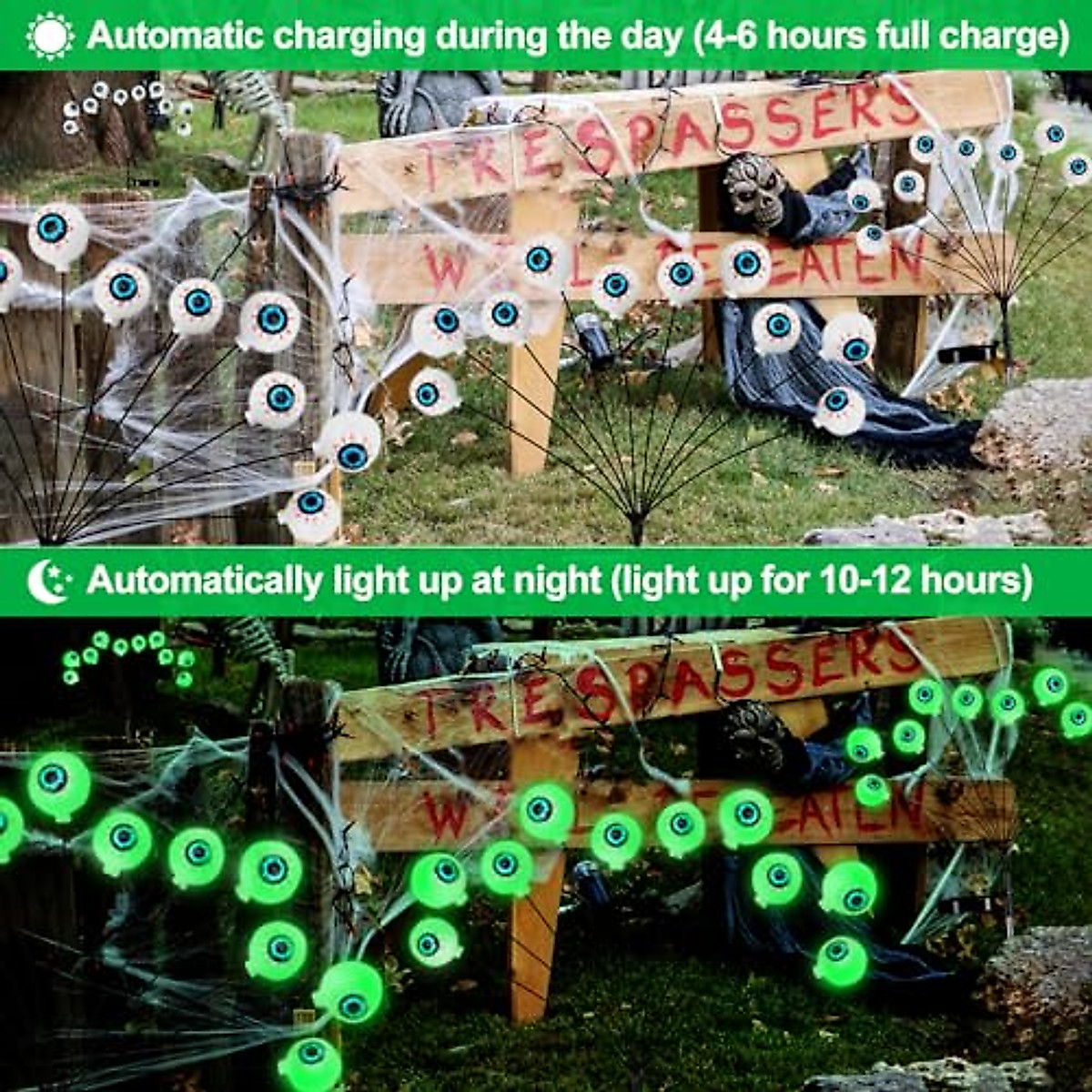 COCOJAM Halloween Decorations Outdoor Solar Scary Eyeball Garden Lights, 2 Packs 20 LED Waterproof Solar Eyeball Lights for Halloween/Yard/Lawn/Party/Graveyard Decoration (Green)