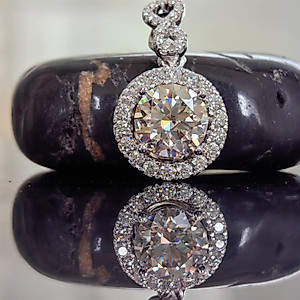 DovEggs 14K Gold QUALITY Silver Center 2ct 8mm H-I Color Brilliant Round Cut Moissanite Halo Infinity Pendant Necklace with Accents Moissanite Pendant for Women